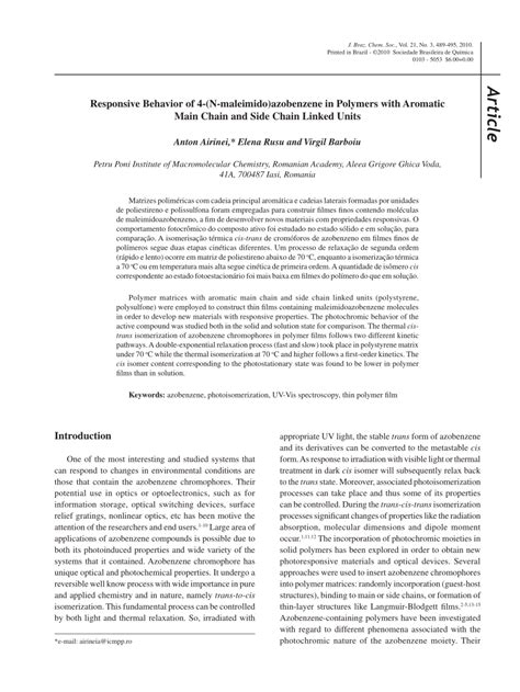 Pdf Responsive Behavior Of 4 N Maleimido Azobenzene In Polymers With