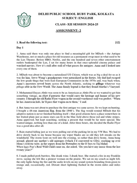 2024 25 Cl Xii Assignment 2 For April Pdf General Fiction