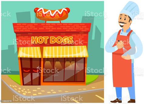 요리사는 핫도그를 준비하고 소시지를 곁들인 롤빵을 준비합니다 레스토랑을위한 미국 요리 패스트 푸드를 요리하는 남자 가공육에 대한 스톡 벡터 아트 및 기타 이미지 Istock