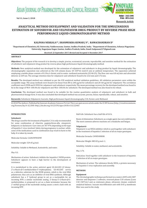 Pdf Analytical Method Development And Validation For The Simultaneous Estimation Of Sofosbuvir