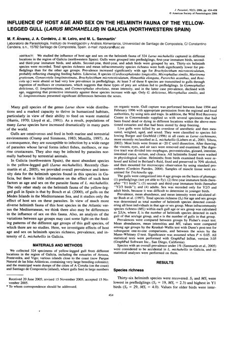 Pdf Influence Of Host Age And Sex On The Helminth Fauna Of The Yellowlegged Gull Larus