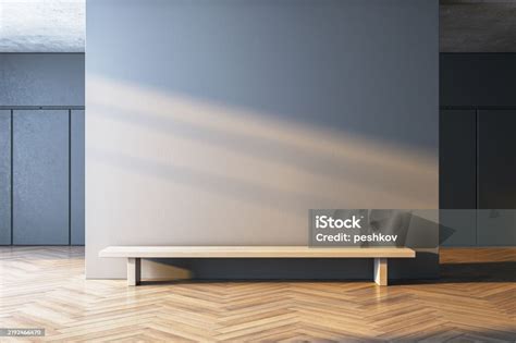 햇살이 들어오는 깨끗하고 미니멀한 객실에 빈 벽과 나무 벤치가 있는 현대적인 인테리어 3d 렌더링 0명에 대한 스톡 사진 및 기타 이미지 Istock