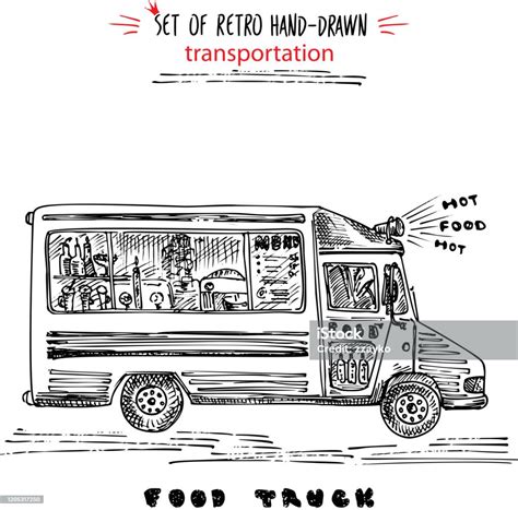 흰색 배경에 고립 된 에 손으로 그린 푸드 트럭 빈티지 스케치 수송 자동차입니다 칠판 디자인 축제 층 웹 배너 도시 카페 장식 거리 바 메뉴 복고풍 포스터에 대한 좋은 생각