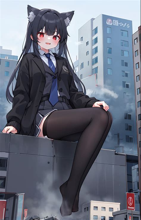 벽에 앉아 고양이 머리를 한 소녀 애니메이션 Seaart Ai