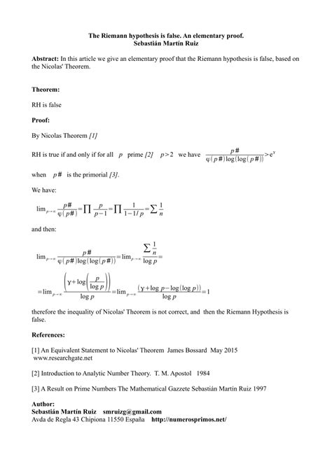 Pdf The Riemann Hypothesis Is False An Elementary Proof The