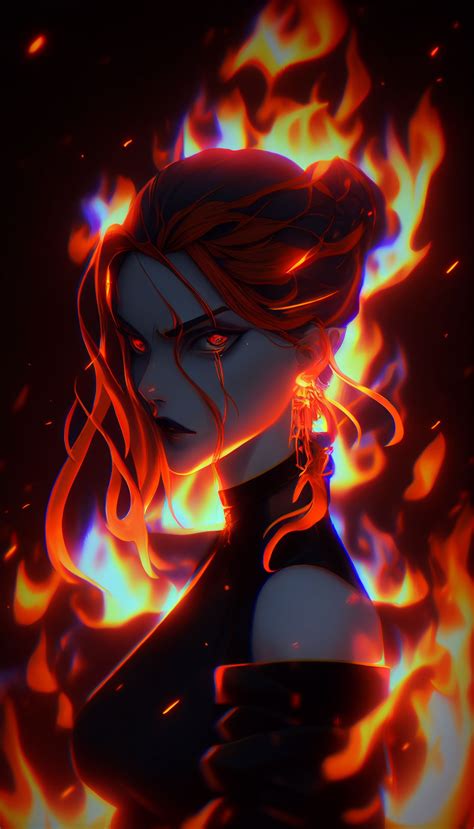 A Woman With Red Hair Standing In Front Of Fire And Flames Her Eyes Are Closed