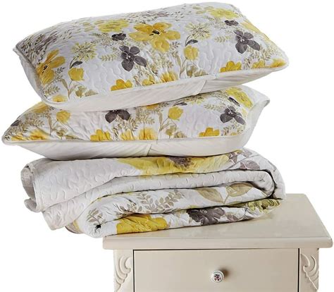 Yellow Gray Grey White Floral 3 Pc Quilt Coverlet Set Twin Full Queen