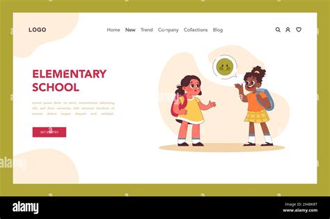 Elementary School Concept Two Young Diverse Students Chatting With Joy