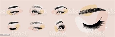 색깔이있는 반점에 미니멀리스트 여성 눈의 세트 선형 여성 속눈썹과 눈썹 한 선 그리기 스타일의 벡터 일러스트레이션입니다 로고에 딱 맞습니다 속눈썹에 대한 스톡 벡터 아트 및