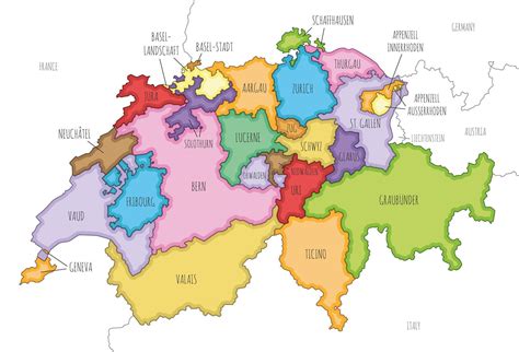 Illustrated Regional Map Of Switzerland With Cantons And Administrative