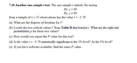 Solved The One Sample T Statistic For Testing H 0 Mu 60