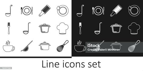 세트 라인 부엌 거품기 요리사 모자 강판 국자 포크 요리 냄비와 접시 포크와 칼 아이콘 벡터 강철에 대한 스톡 벡터 아트 및 기타 이미지 Istock