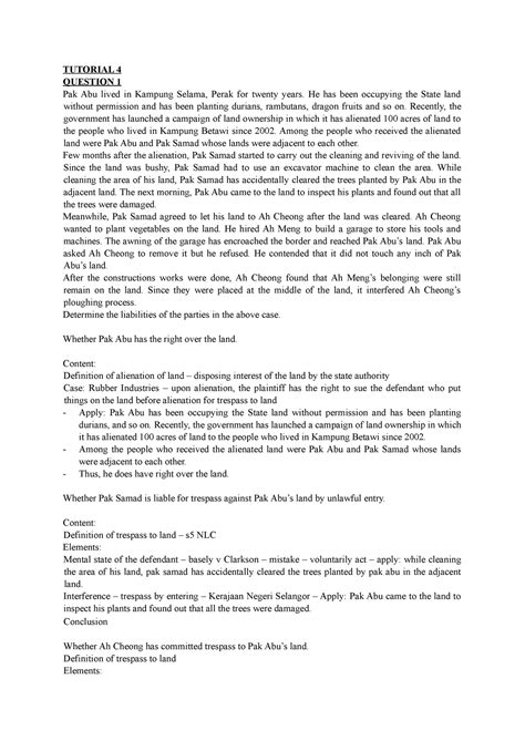 TORT Tutorial TUTORIAL QUESTION Pak Abu Lived In Kampung Selama Perak For Twenty Years