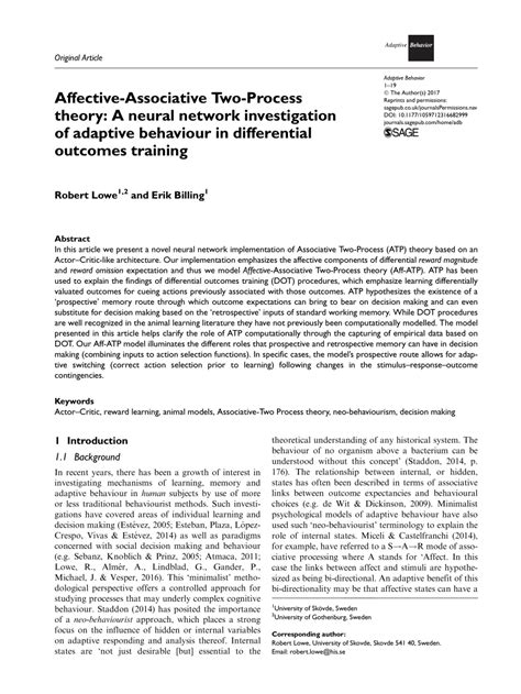 Pdf Affective Associative Two Process Theory A Neural Network Investigation Of Adaptive