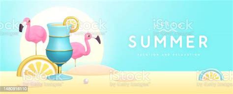 3d 플라스틱 칵테일 열대 과일 플라밍고가 있는 여름 파티 배경 벡터 그림 0명에 대한 스톡 벡터 아트 및 기타 이미지 0명 3차원 형태 계절 Istock