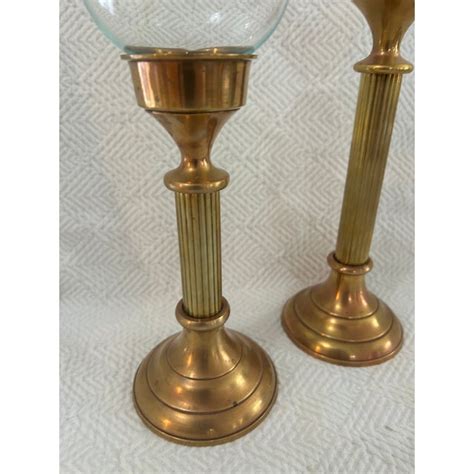 Vintage Neoclassic Solid Brass Candlesticks With Glass Globes A Pair