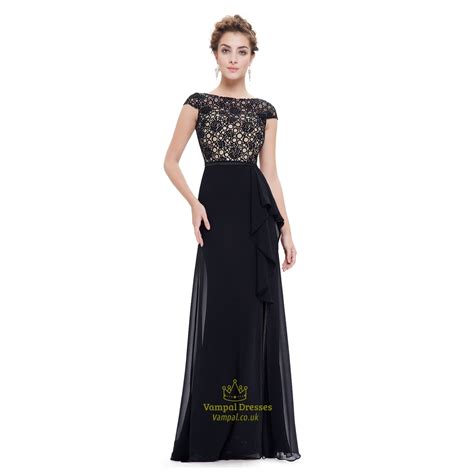 Black Lace Top Chiffon Bottom Cap Sleeves Prom Dress With Front Cascade