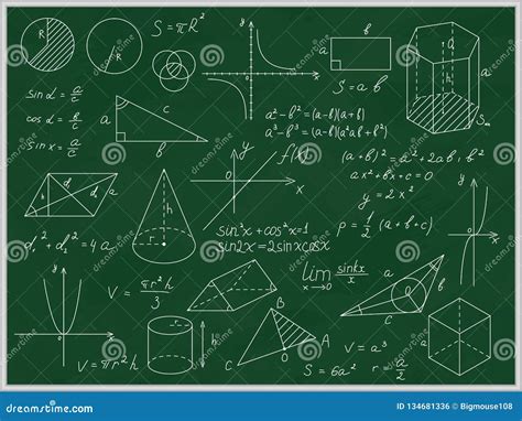 Green Blackboard Mathematical With Thin Line Shapes And Inscriptions Vector Stock Vector