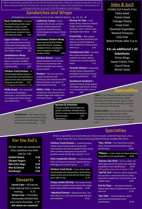 Menu At Willies Sports Bar And Grill El Dorado