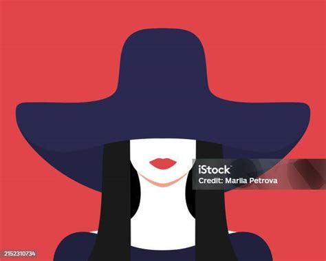 모자를 쓴 갈색 머리 여자의 추상적인 초상화 모자를 쓰고 눈을 가리고 있는 우아한 여자 얼굴 없는 초상화입니다 벡터 일러스트 레이 션 가리기에 대한 스톡 벡터 아트 및 기타