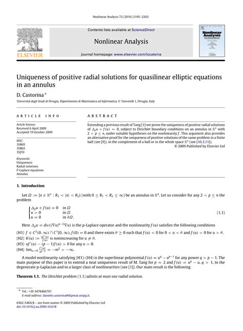 Pdf Uniqueness Of Positive Radial Solutions For Quasilinear Elliptic Equations In An Annulus