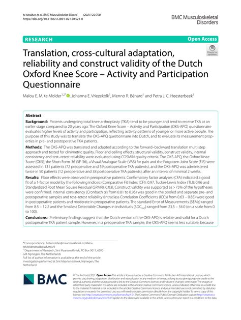 Pdf Translation Cross Cultural Adaptation Reliability And Construct Validity Of The Dutch