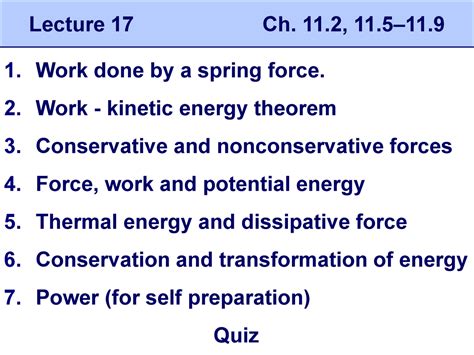 Introduction To Physics I Lecture Notes 17 Lecture 17 Lecture 17 Ch 11 1111 1 Work