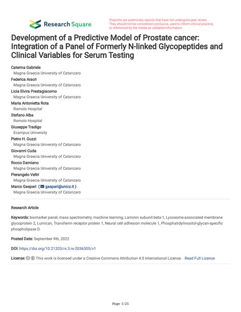 Pdf Development Of A Predictive Model Of Prostate Cancer Integration Of A Panel Of Formerly N