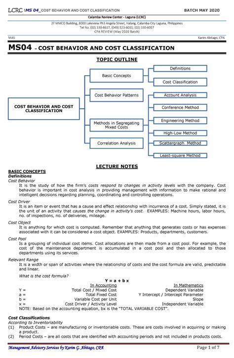 Ms04 Cost Behavior And Cost Classification Calamba Review C Enter Laguna Lcrc 2f Mmco