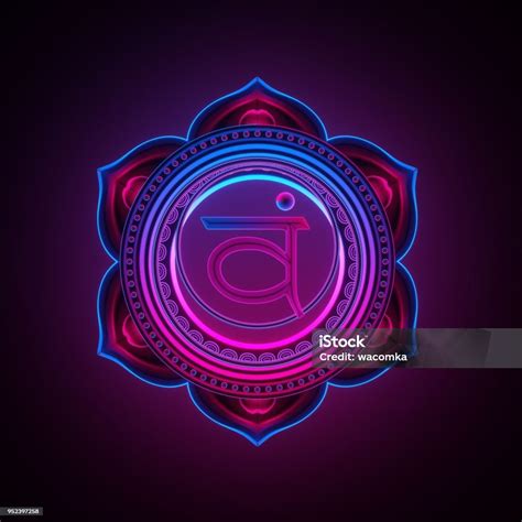 3d 렌더링 신성한 기하학 Swadhisthana 차크라 기호 네온 빛 추상 배경 영적 Chackra 기호 종교 가입 밀 교 만다라 현대적인 일러스트 레이 션 0명에 대한