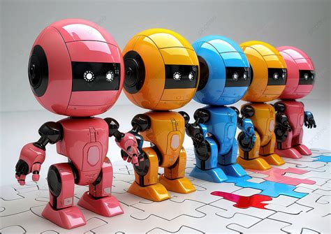 Colorful Robotic Figures Arranged In A Line On A Puzzle Like Surface Background Robots