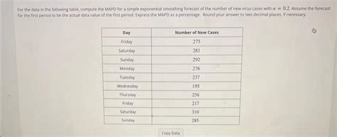 solved for the data in the following table compute the mapd