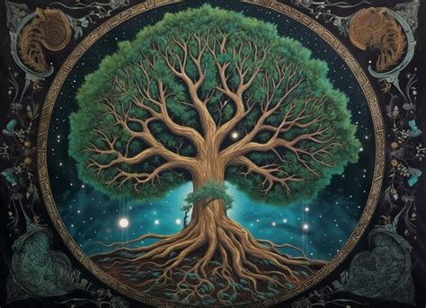Premium Photo Painting Of A Tree With A Man Sitting On It In A Circle Generative Ai