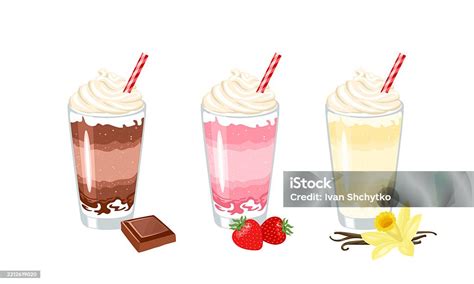 밀크쉐이크 세트 달콤한 바닐라 초콜릿 딸기 칵테일의 벡터 만화 일러스트 레이 션은 유리 컵에 휘핑 크림을 곁들였습니다 여름 음료 플랫 아이콘입니다 0명에 대한 스톡 벡터