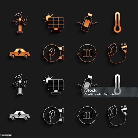 에코 상점 온도계 전기 절약 플러그 리프 잎 기호 자동차 오염 문제 풍력 터빈 및 태양 에너지 패널 아이콘을 설정합니다 벡터
