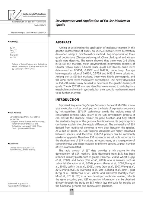 Pdf Development And Application Of Est Ssr Markers In Quails