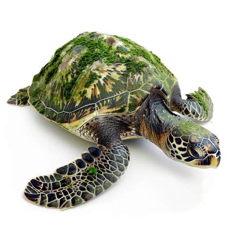 A Sea Turtle With Its Shell Covered In Algae Isolated On White