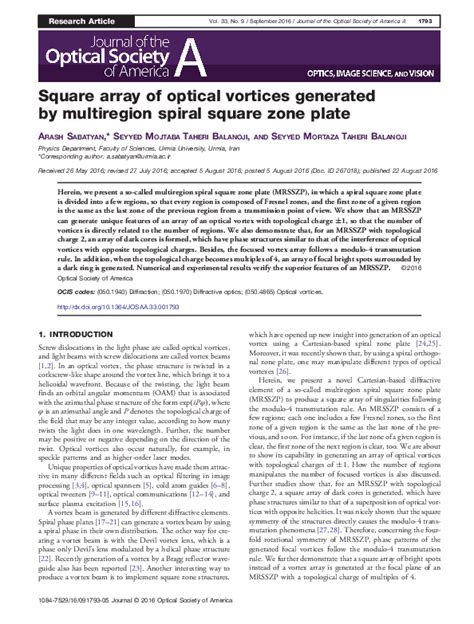 Pdf Square Array Of Optical Vortices Generated By Multiregion Spiral Square Zone Plate