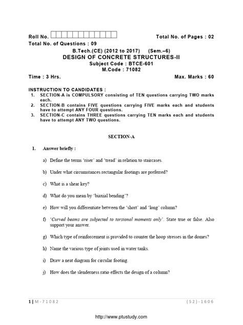 Btech Ce 6 Sem Design Of Concrete Structures 2 71082 Nov 2019 Pdf