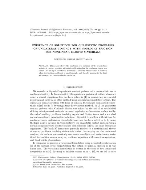 Pdf Existence Of Solutions For Quasistatic Problems Of Unilateral Contact With Nonlocal