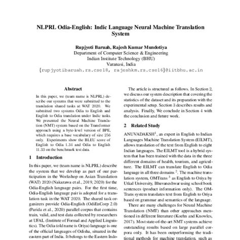 Nlprl Odia English Indic Language Neural Machine Translation System