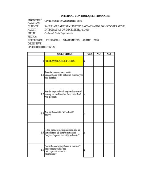 Internal Control Questionnaire Pdf Internal Control Audit