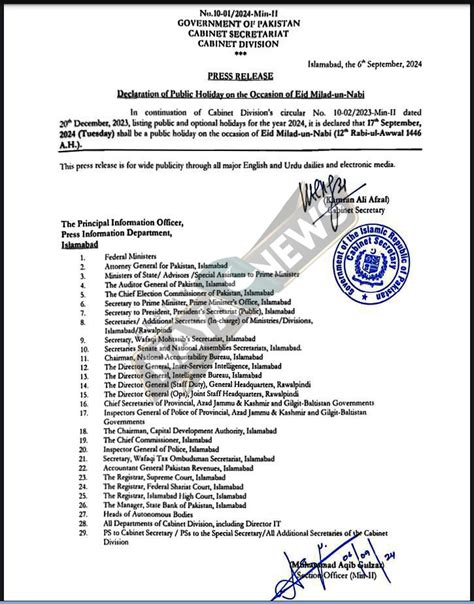 Latest Notification Declaration Of Public Holiday On The Occasion Of Eid Milad Un Nabi
