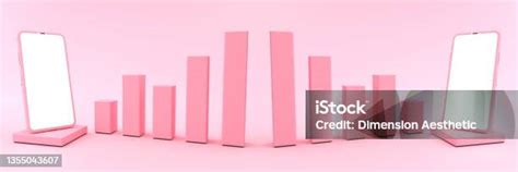 분홍색 바 차트의 모의 반대 모형 핑크 스마트 폰 흰색 화면의 3d 렌더링은 높은 낮은 정렬 스마트폰 흰색 화면은 상업용 광고에 사용할 수 있으며 분홍색 배경에 격리되어