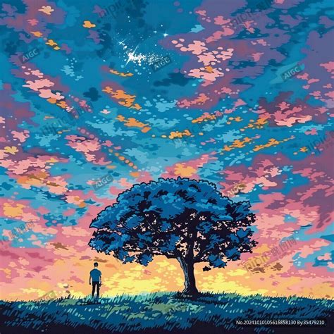 Ai创作图治愈系插画插图 孤独背影插画 插画落日 黄昏场景插画 人与自然插画 人在黄昏树丛 蓝紫色插画画面 插画夕阳 蓝色系插画 噪点风插画 荒野黄昏插画 紫色调插画 手绘意境插画素材下载