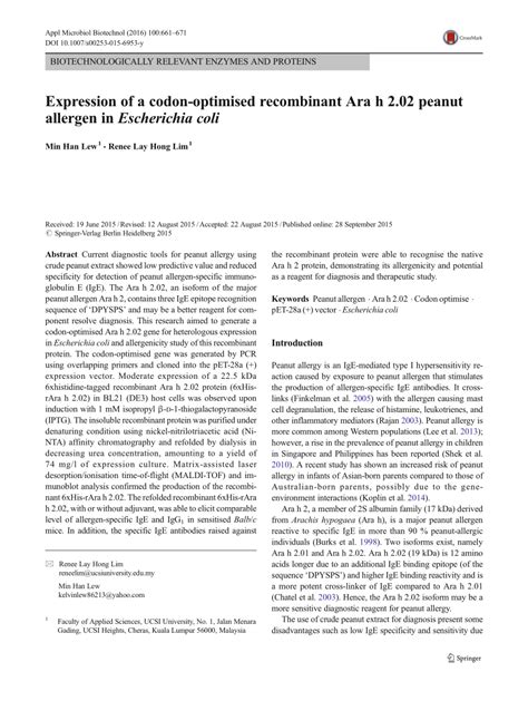 Pdf Expression Of A Codon Optimised Recombinant Ara H 2 02 Peanut Allergen In Escherichia Coli