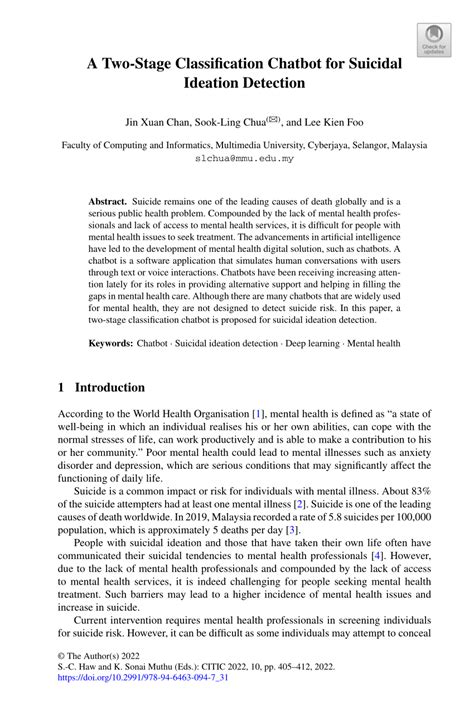 Pdf A Two Stage Classification Chatbot For Suicidal Ideation Detection