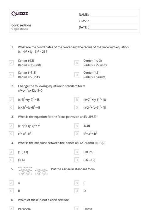 50 Conic Sections Worksheets On Quizizz Free And Printable