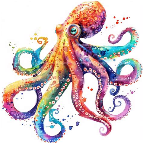 Pretty Cartoon Rainbow Octopus Watercolor Art Digital Download