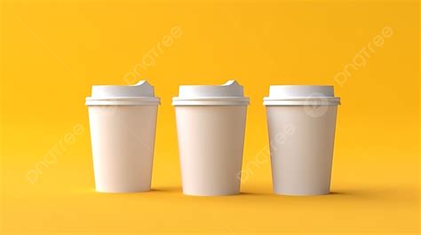 3d 렌더링된 노란색 배경에는 뚜껑이 있는 3개의 흰색 종이 컵 모형 세트가 있습니다 종이컵 일회용 컵 커피 종이 배경